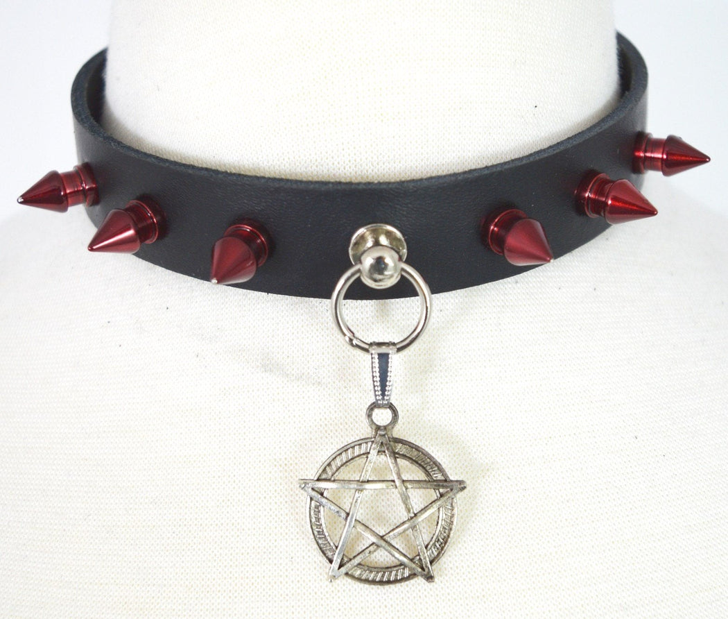 Gothic Punk Rock Emo Pentagram Charm Rivet Red Spikes Leather Choker C ...