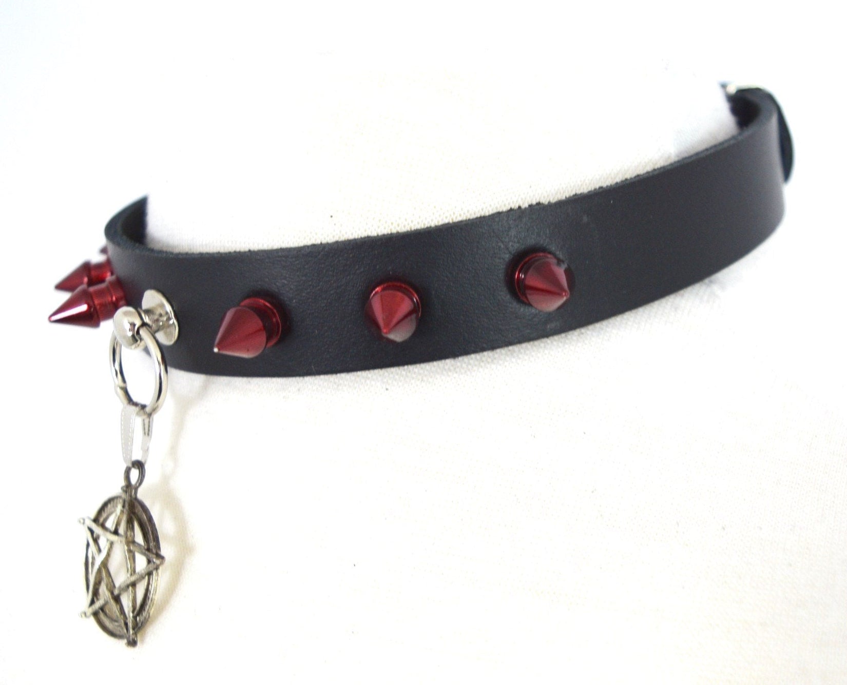 Gothic Punk Rock Emo Pentagram Charm Rivet Red Spikes Leather Choker C ...